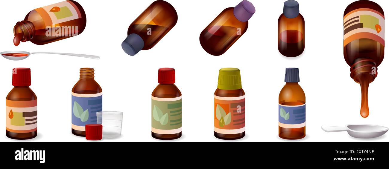 Cough syrup icons set cartoon vector. Dosage bottle. Medicine drugstore ...