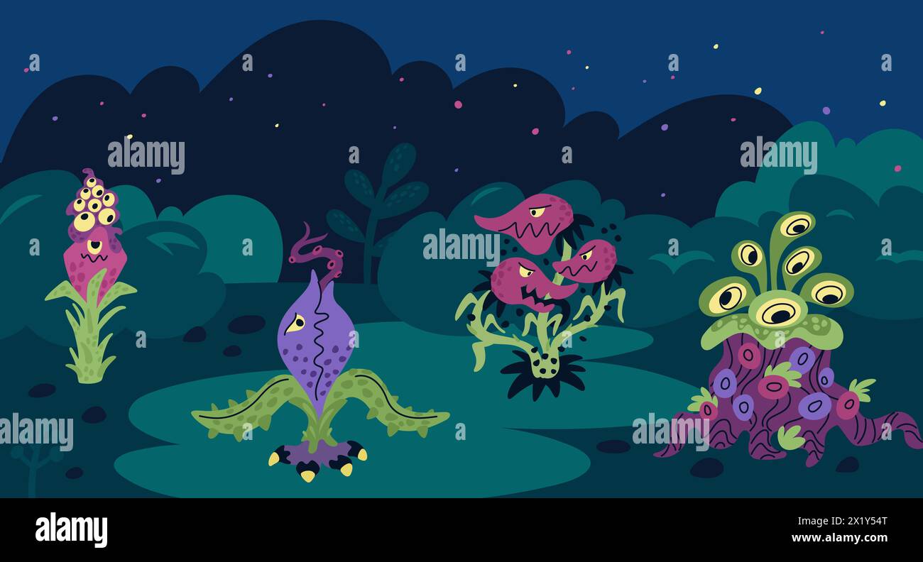 Monster plant location. Night forest with predatory flowers. Fantasy ...