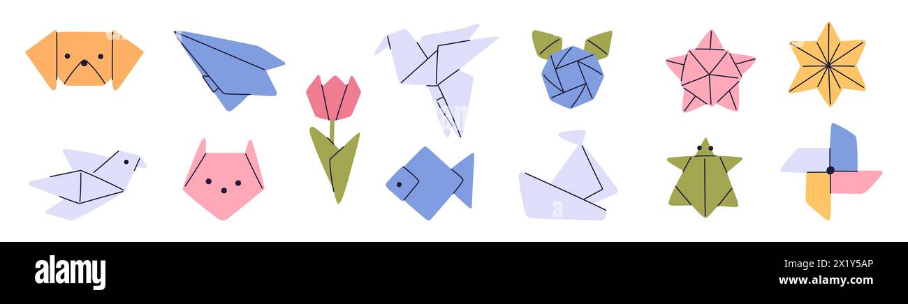 Cartoon origami. Different paper shapes. Tulip flower. Ship and plane ...