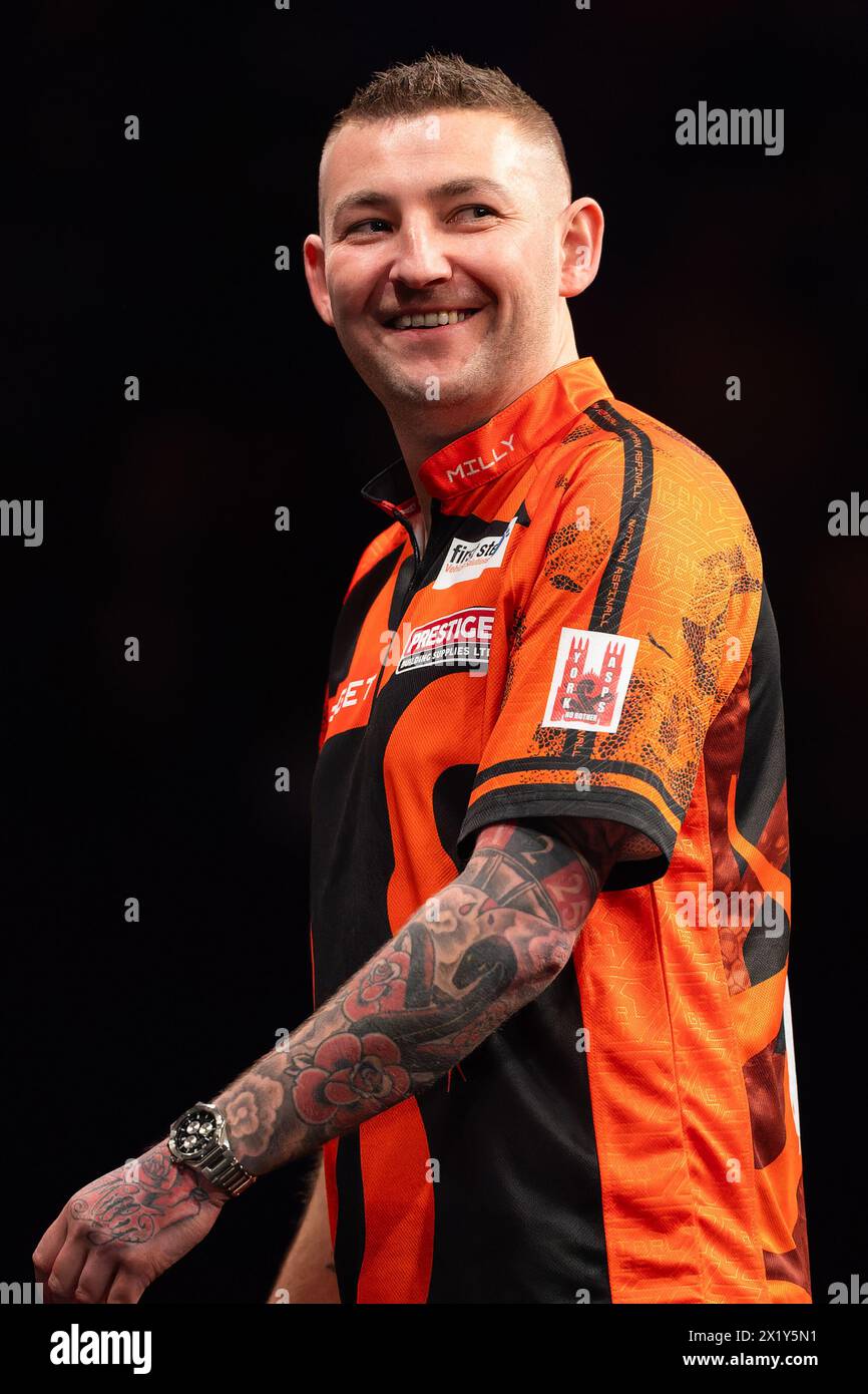 ROTTERDAM, NETHERLANDS - APRIL 18: Nathan Aspinall of England during the 2024 BetMGM Premier ...