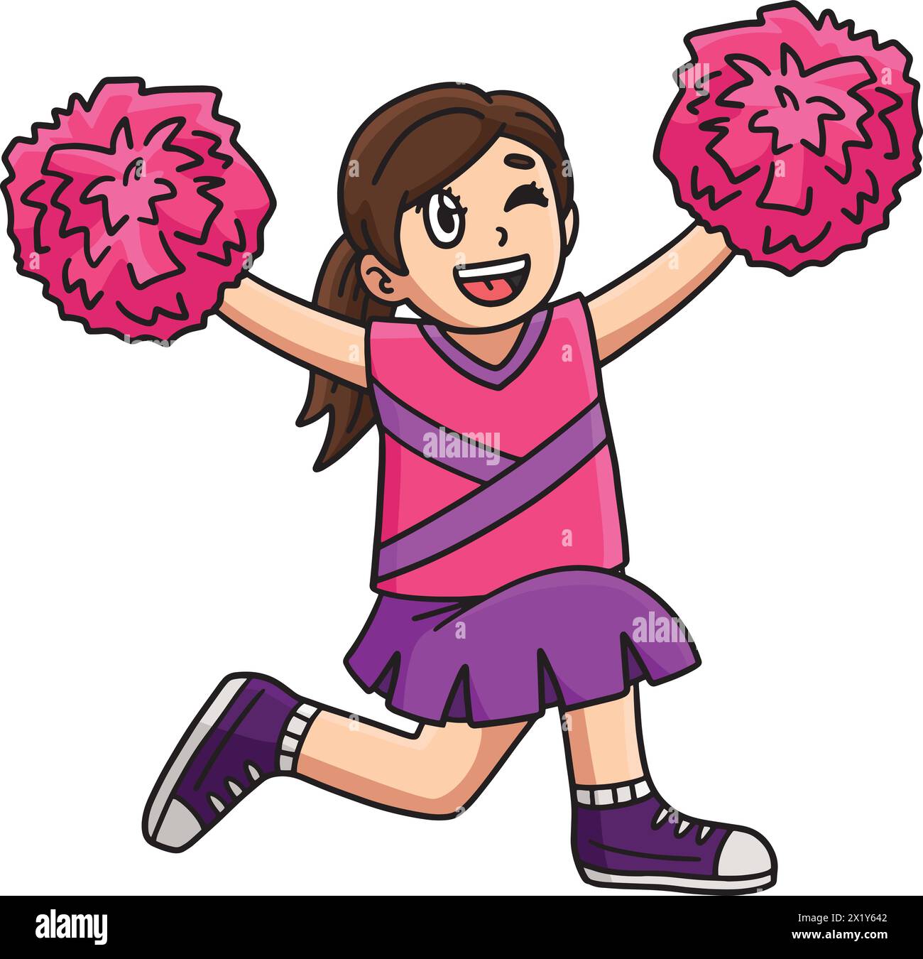 Cheerleader Girl Kneeling Pompoms Cartoon Clipart Stock Vector Image ...