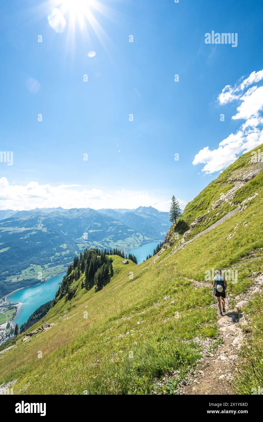 Description: Sporty woman hikes on flowery trail on steep meadow with ...