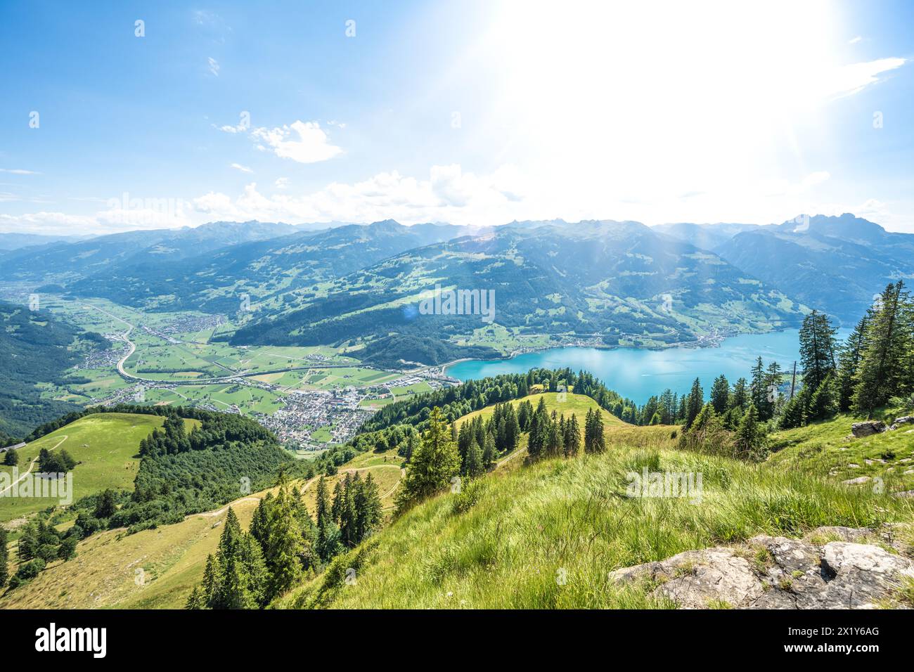 Description: Panoramic view of meadow, Walenstadt, lake Walensee and ...