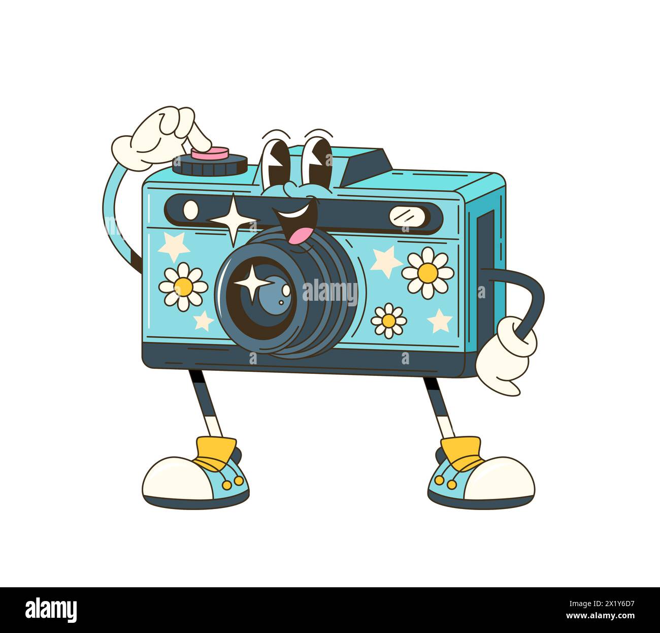 Cartoon groovy photo camera retro character. Isolated vector funky ...