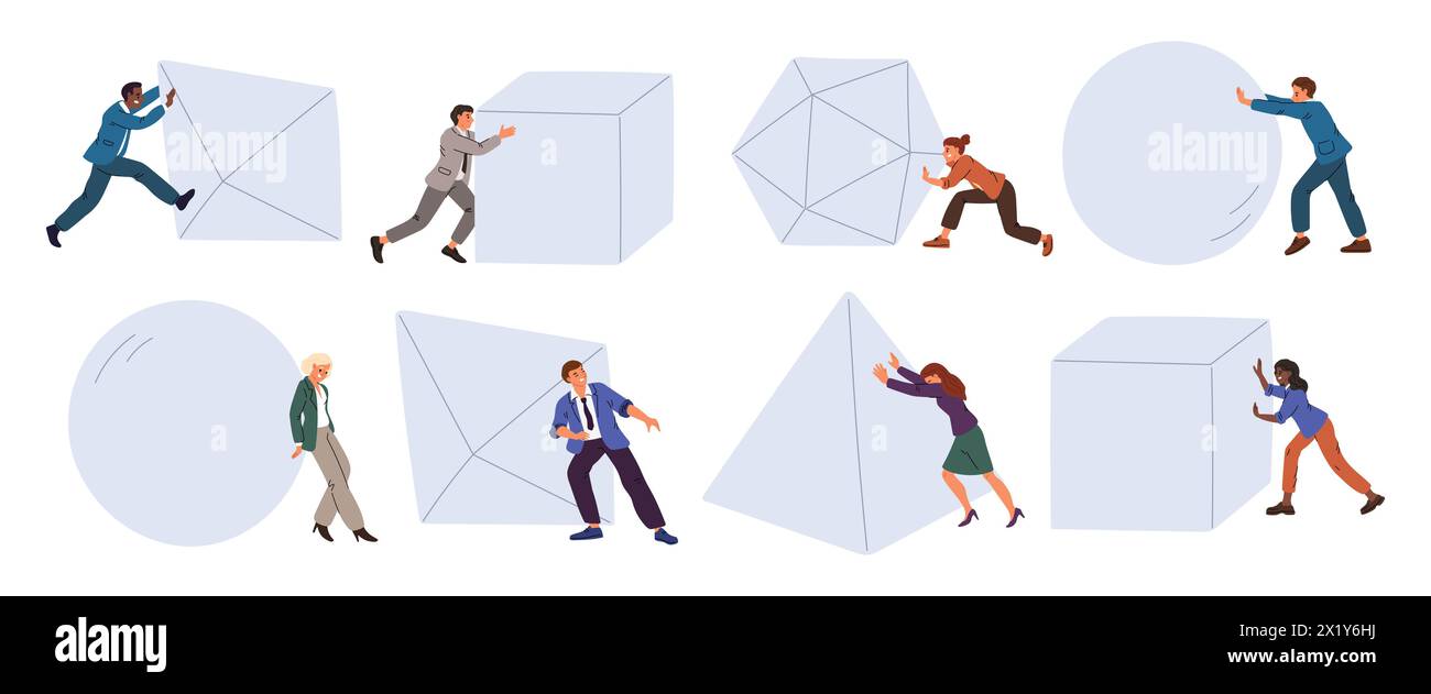 Business people pushing geometric shapes. Office staff move large ...