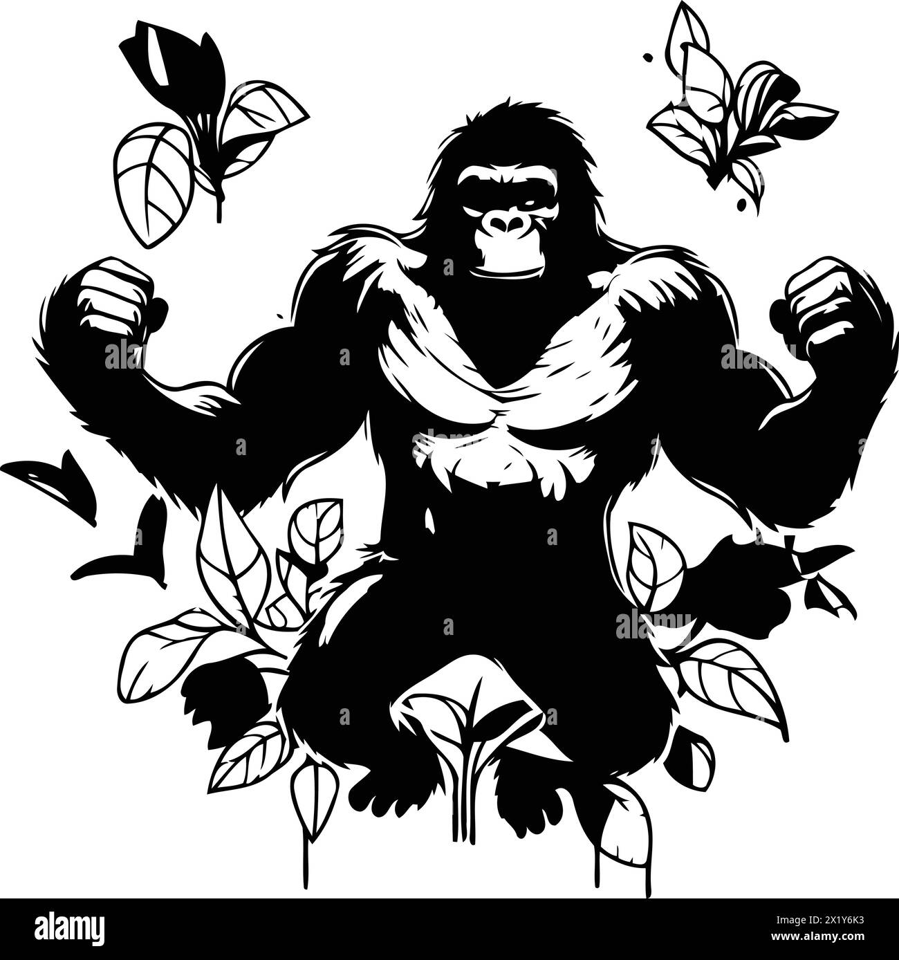 Gorilla with green leaves and grunge background. Vector illustration ...