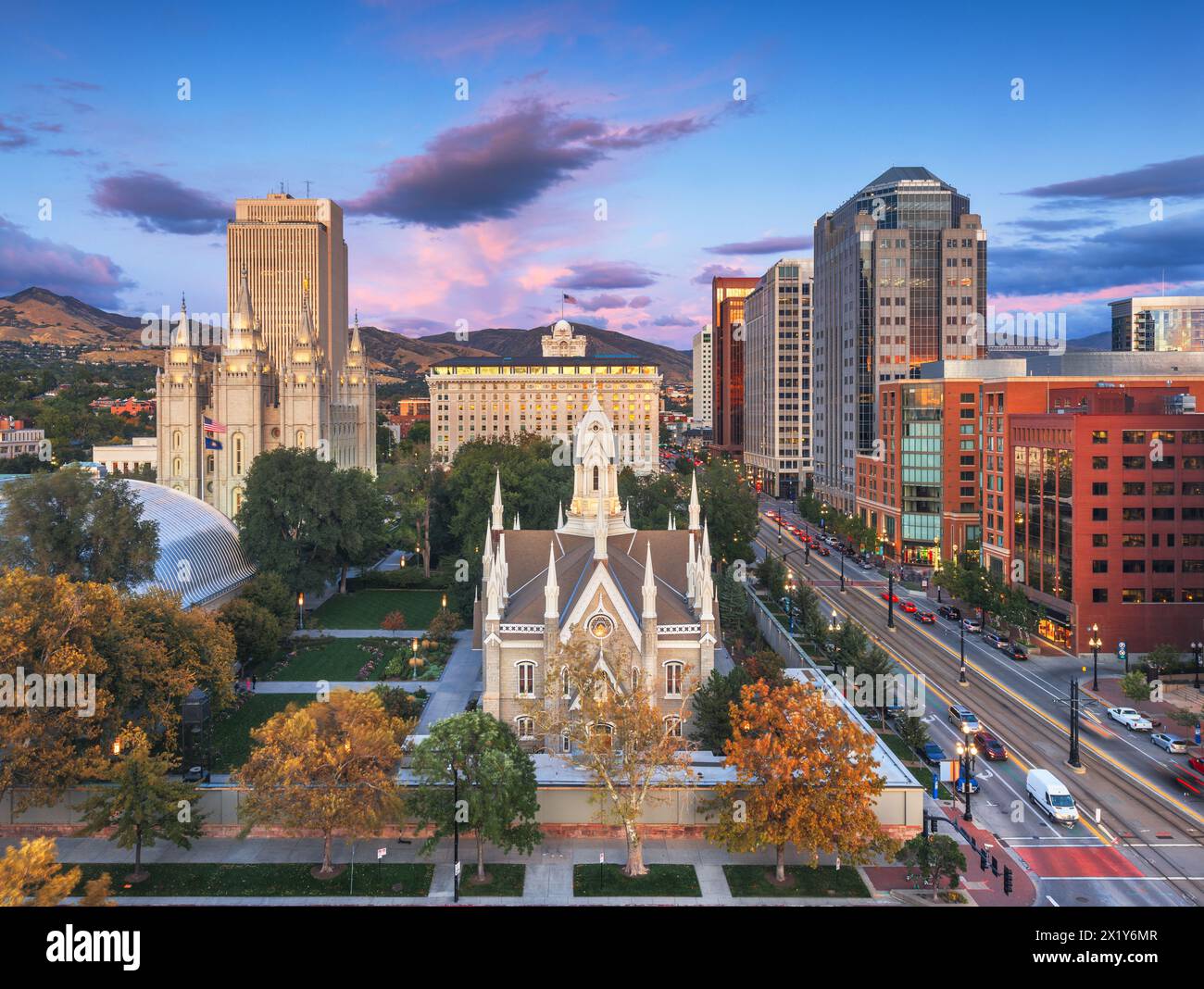 Salt Lake City, Utah, USA downtown cityscape over Temple Square in the ...