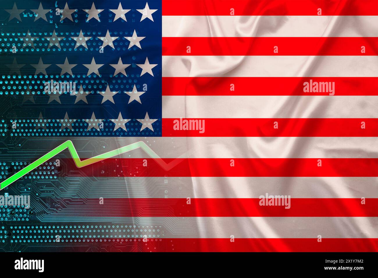 national flag of state of USA on silk with folds, green electronic ...