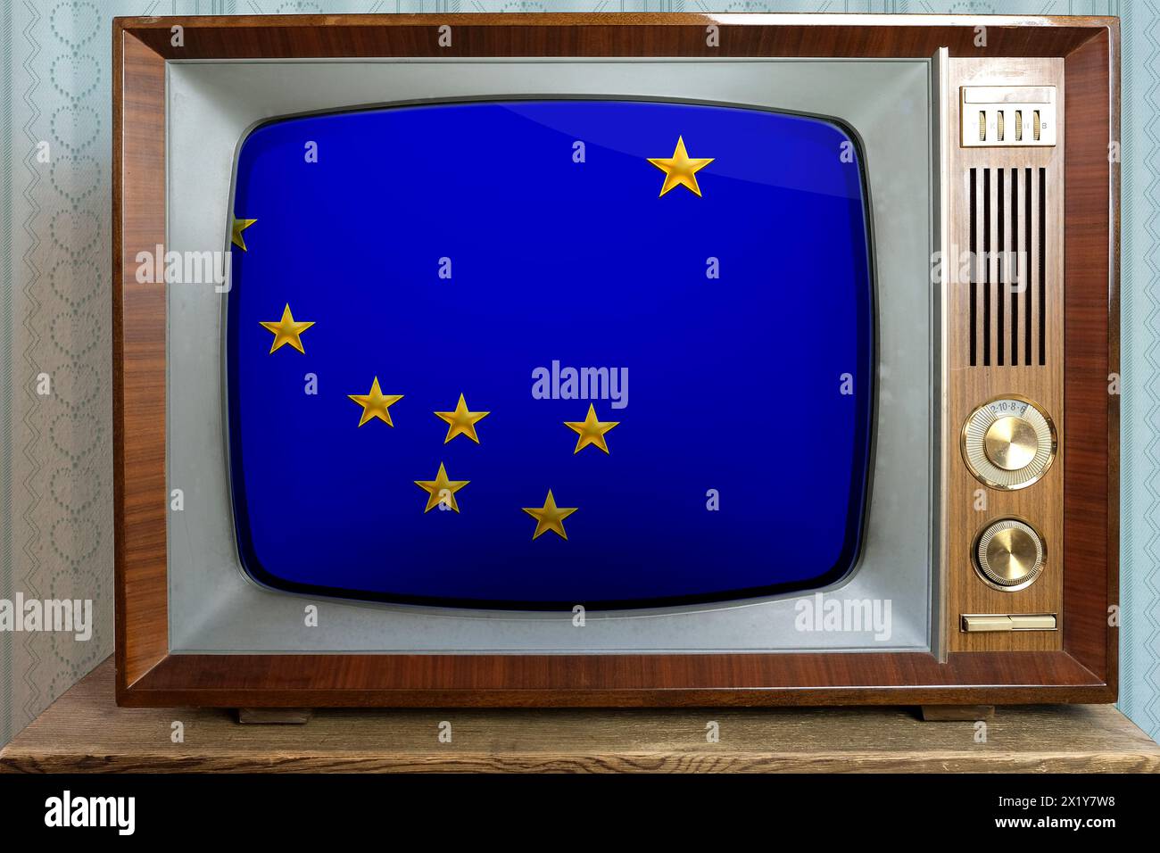 old tube vintage TV with the national flag of the USA, the state of ...