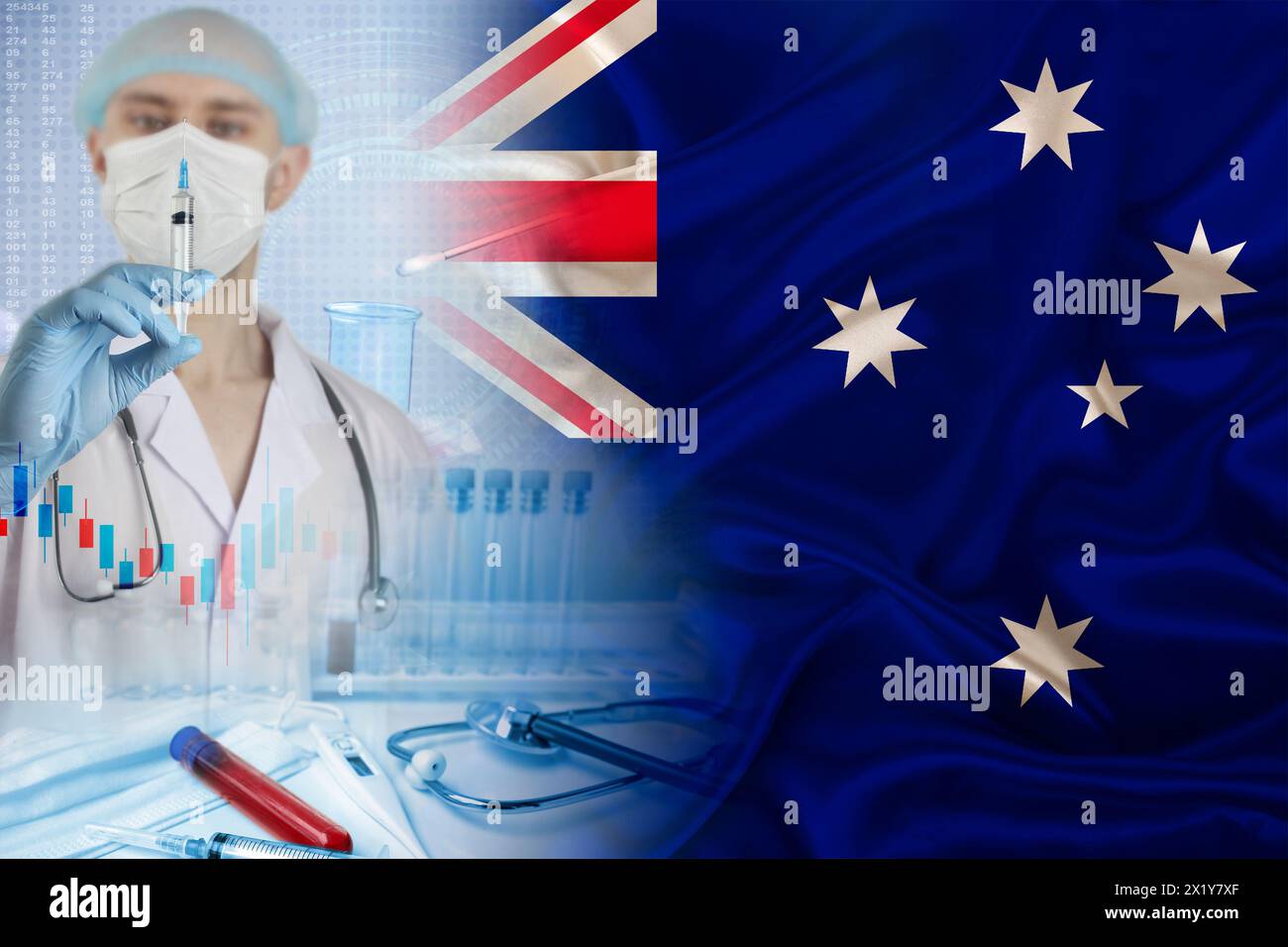 Australia national flag on satin, doctor with syringe, country ...