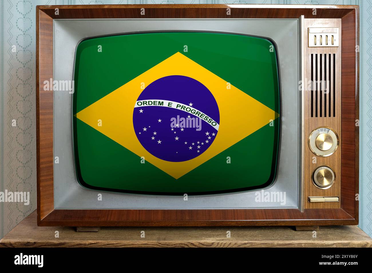 old tube vintage TV with the national flag of Brazil on the screen, the ...