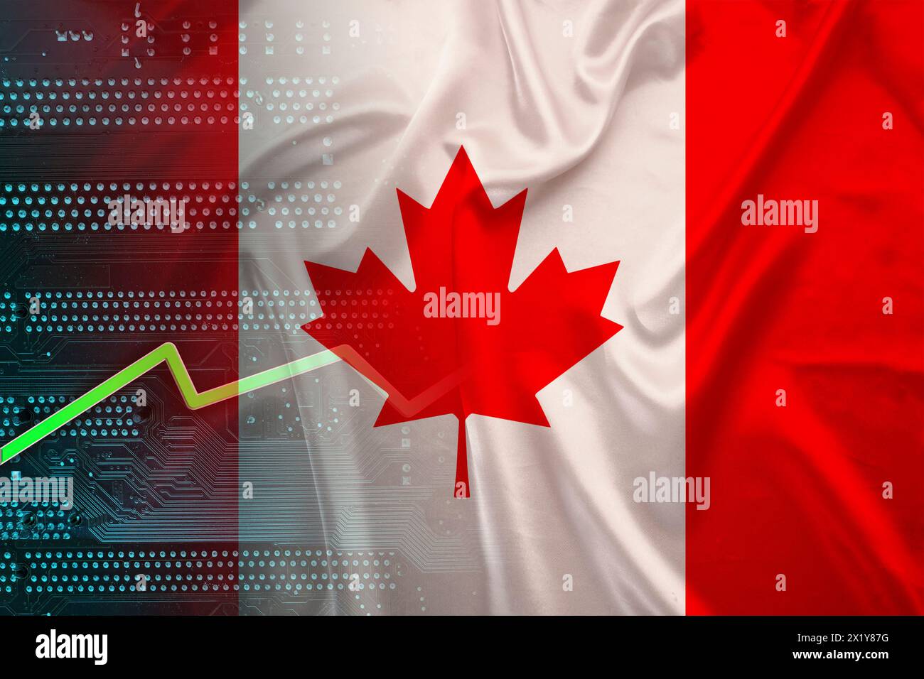 national flag of Canada on silk with folds, green electronic printed ...