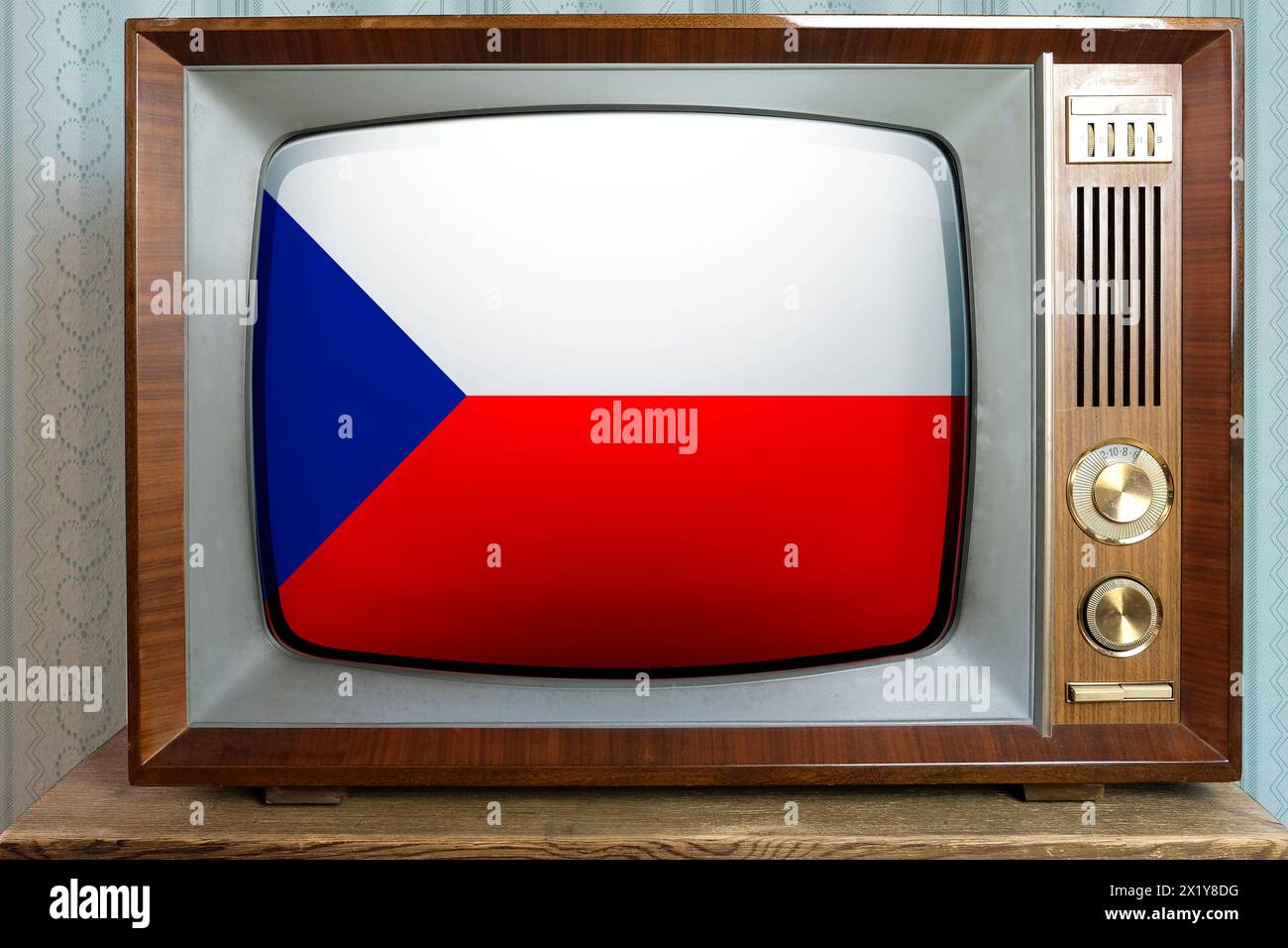 old tube vintage TV with the national flag of the Czech Republic on the ...