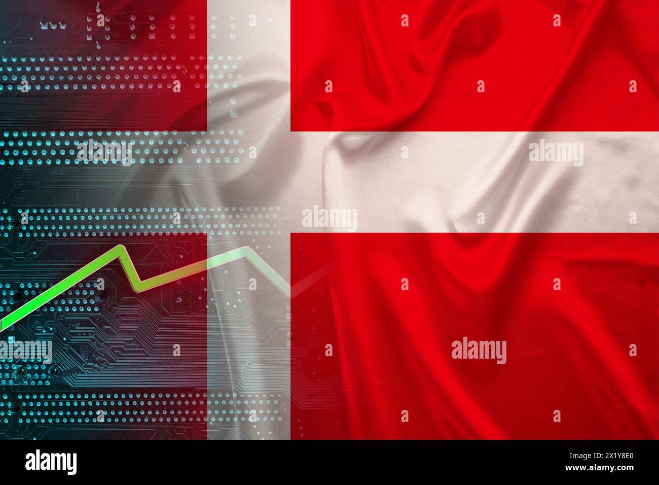 national flag of Denmark on silk with folds, green electronic printed ...