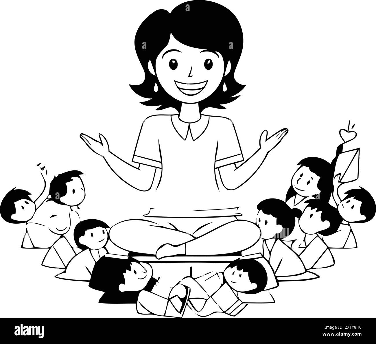 Cartoon illustration of a teacher sitting in lotus position with kids ...