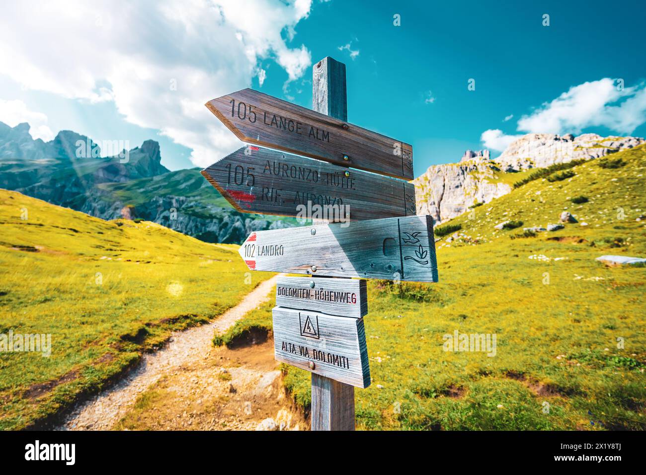 Description: Mountain way signage to Landro, Lange Alm and rifugio ...