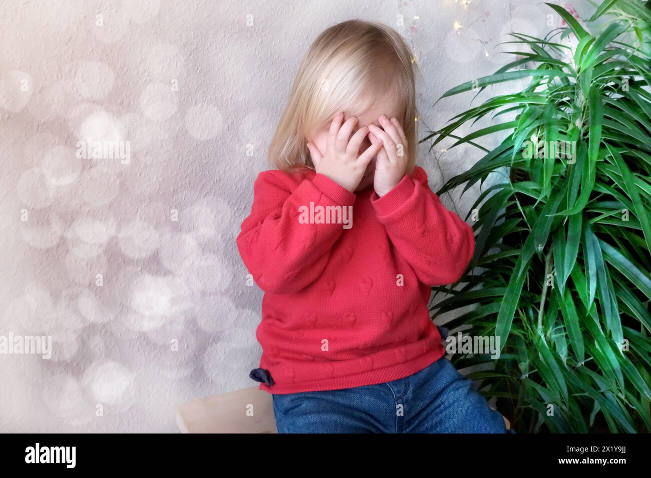 small child, baby, blonde girl covered her face with her palms from ...