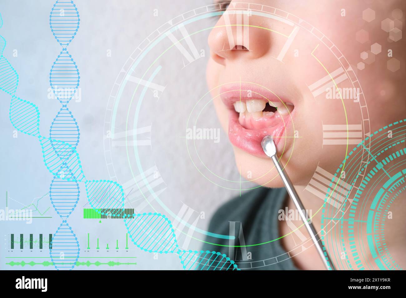 little child, kid 7-8 years old sits with open mouth, dental ...