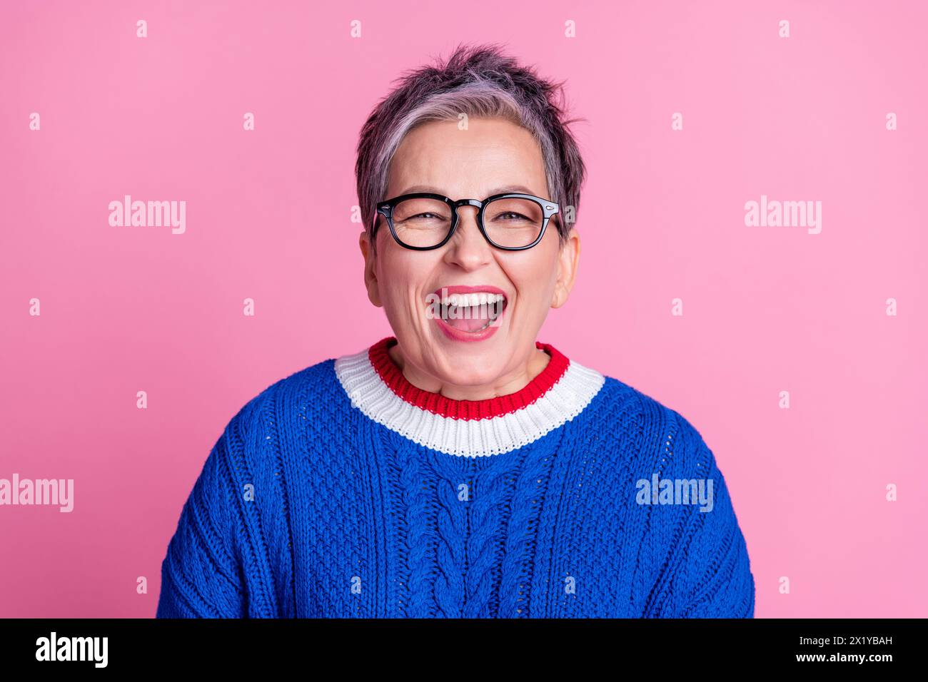 Photo of nice aged lady open mouth unbelievable wear blue sweater ...