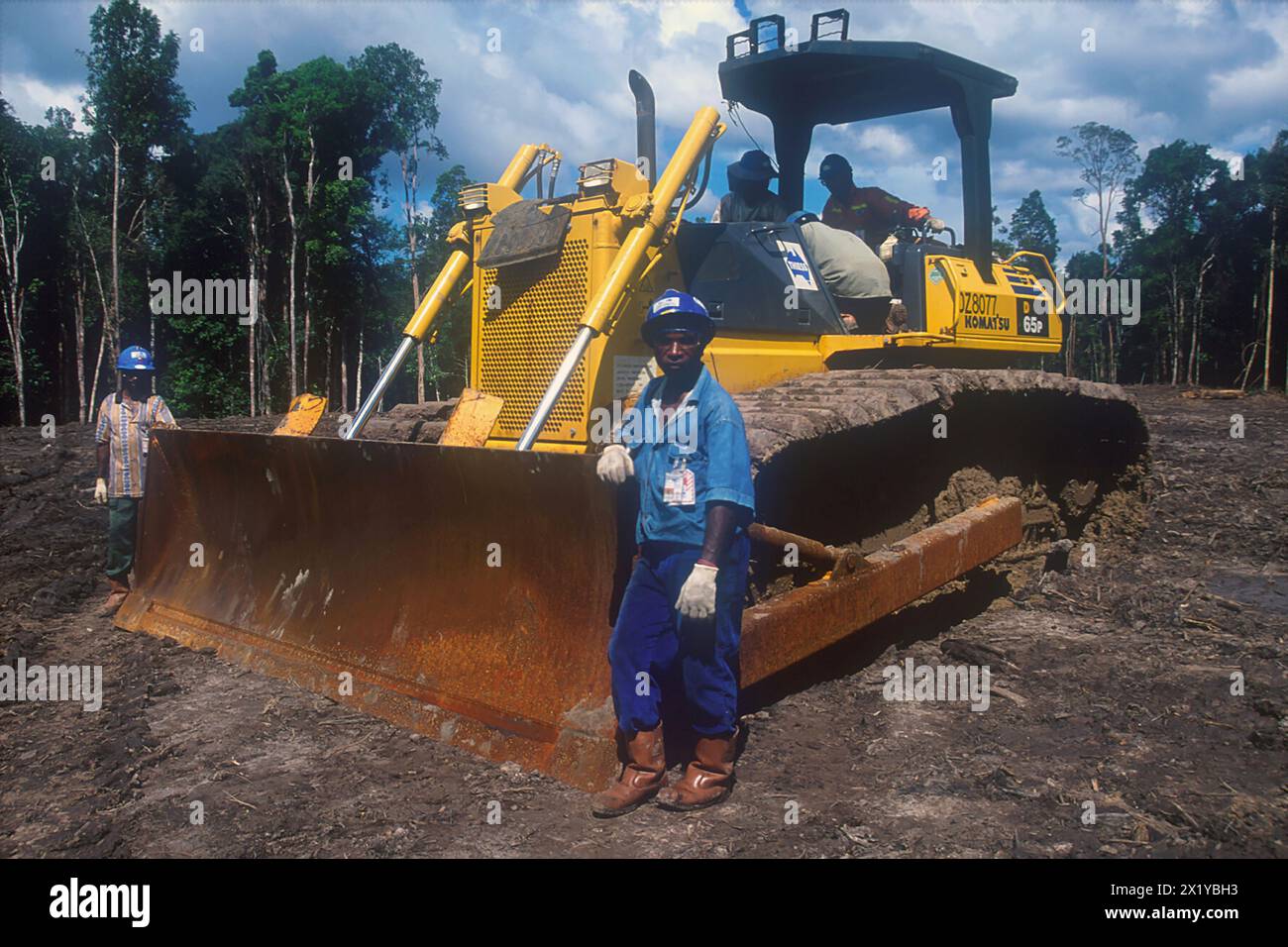 Man standing next to Caterpillar trucks, Tanah Merah Baru site for ...