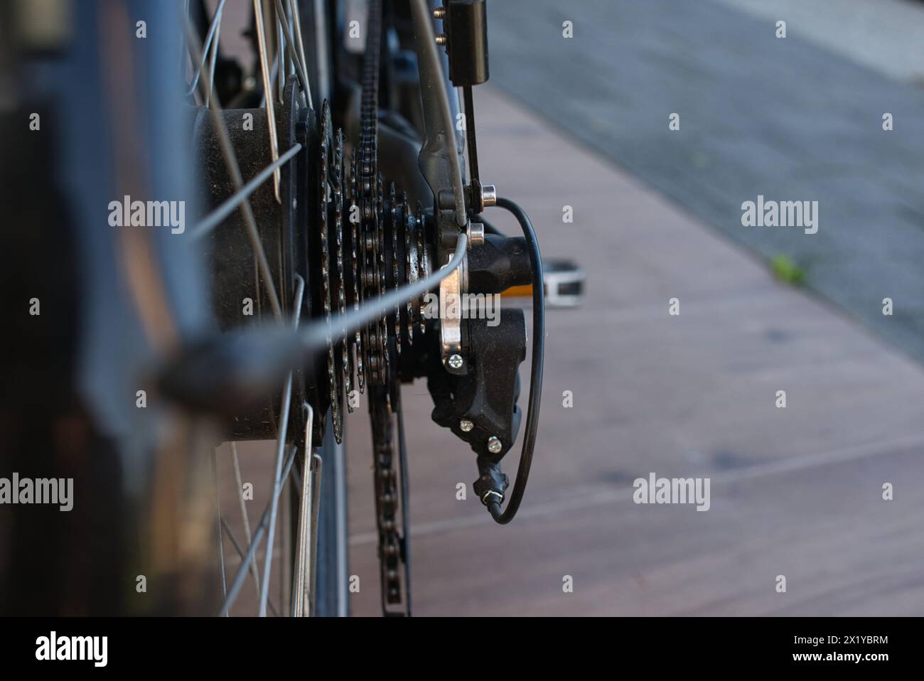 Close-up view of the rear bicycle gear cassette and shifter mechanism ...