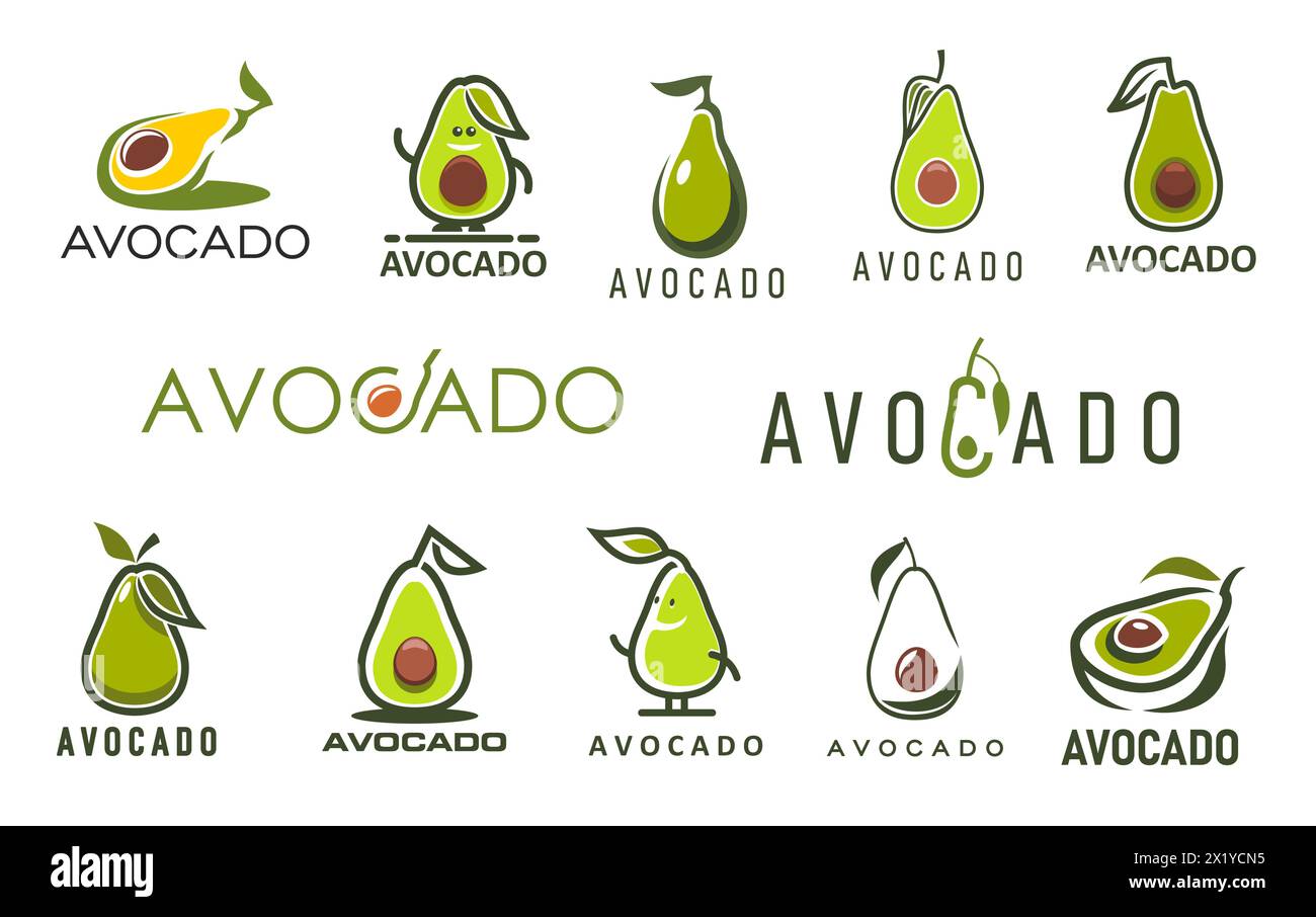 Avocado farm, juice and oil icons of vector vegetable food. Cute ...