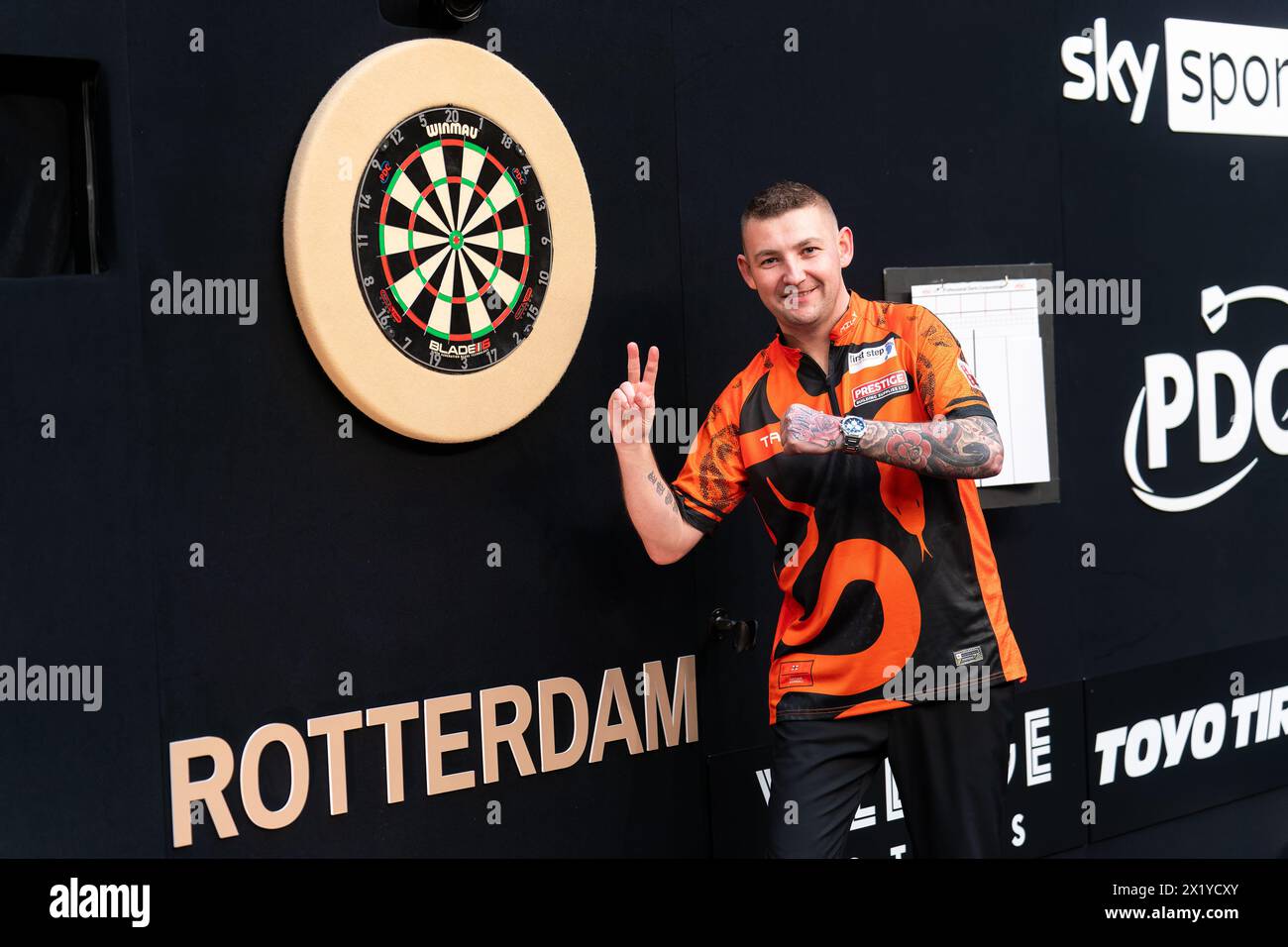 ROTTERDAM, NETHERLANDS - APRIL 18: Nathan Aspinall of England is seen celebrating during the ...