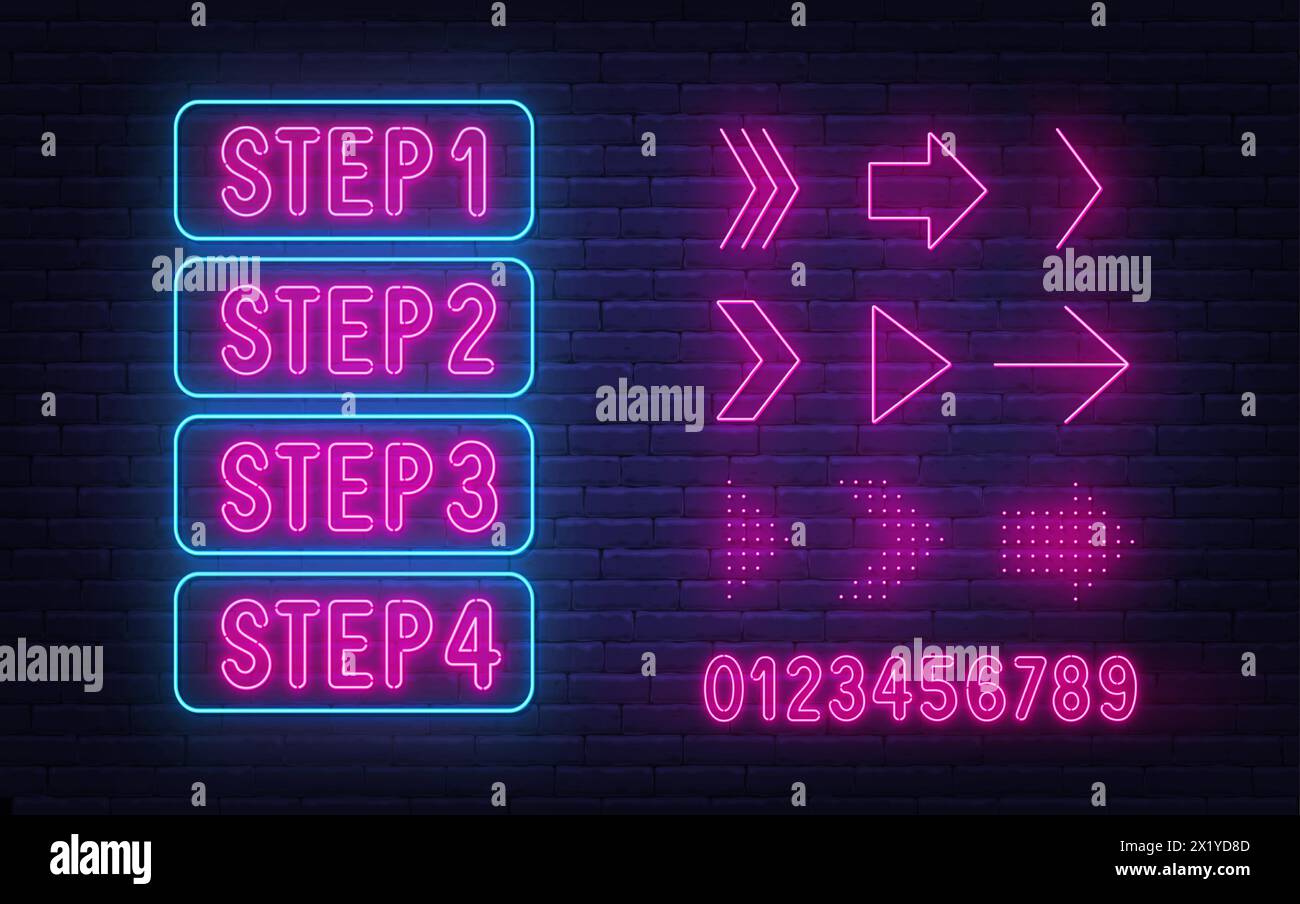Neon sign step 1,2,3,4 with number and arrows on brick wall background ...