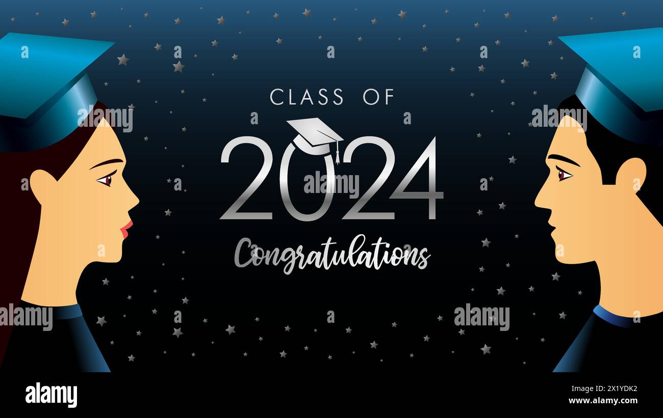 Class of 2024 congratulations, students with square academic cap, school banner concept Stock ...