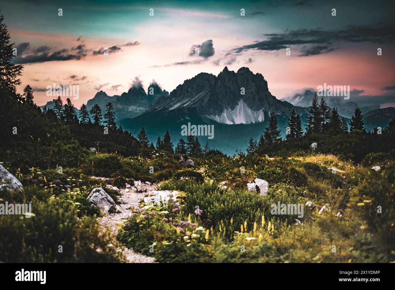 Description: Hiking trail at Sorapis lake with mystic view on Cadini di ...