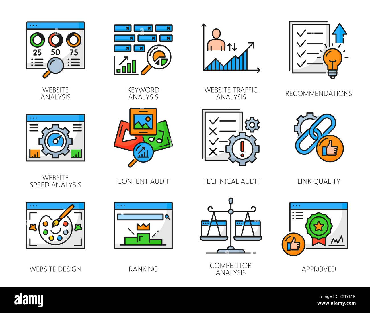Web audit icons, website analysis, content ranking and digital traffic data research, line ...