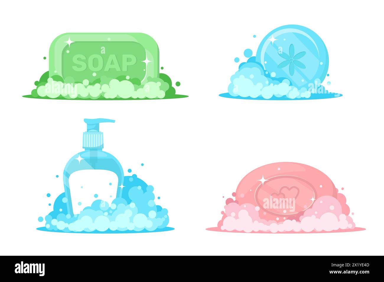 Cartoon soaps with foam. Liquid and lump detergent. Froth bubbles. Body ...