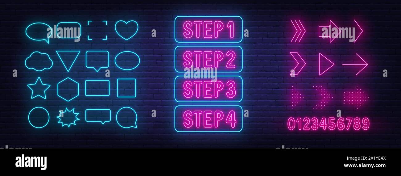 Neon sign step 1,2,3,4 with number and arrows on brick wall background ...
