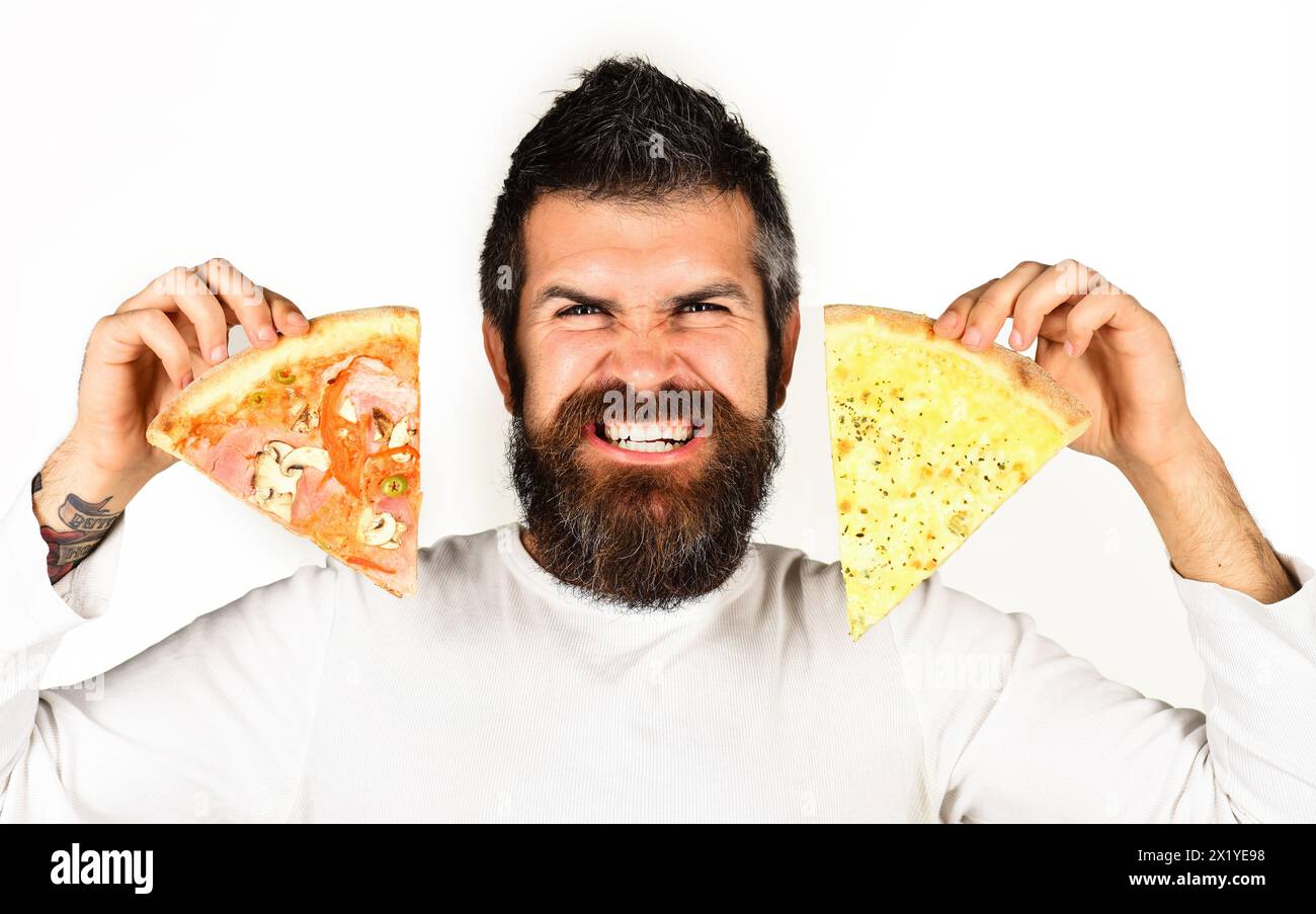 Pizza. Bearded man in casual wear with two tasty slices of pizza. Fast ...