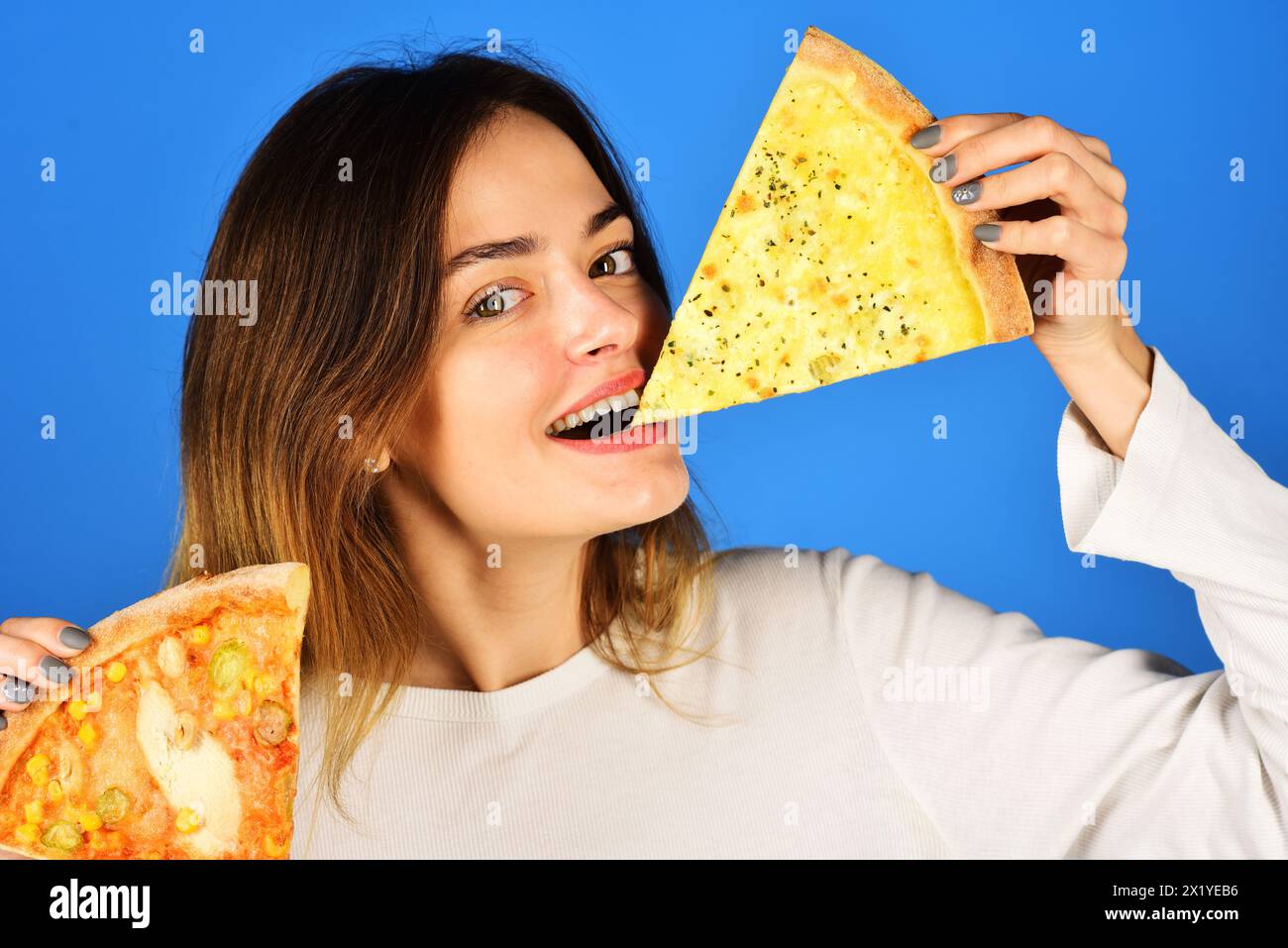 Pizza time. Smiling girl with two tasty slices of pizza. Fast food ...