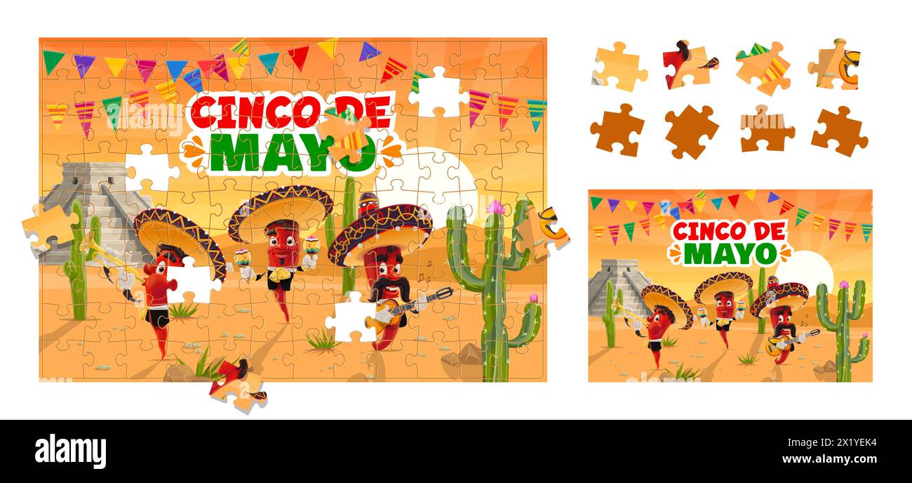 Jigsaw puzzle game pieces, cinco de mayo Mexican holiday pepper ...