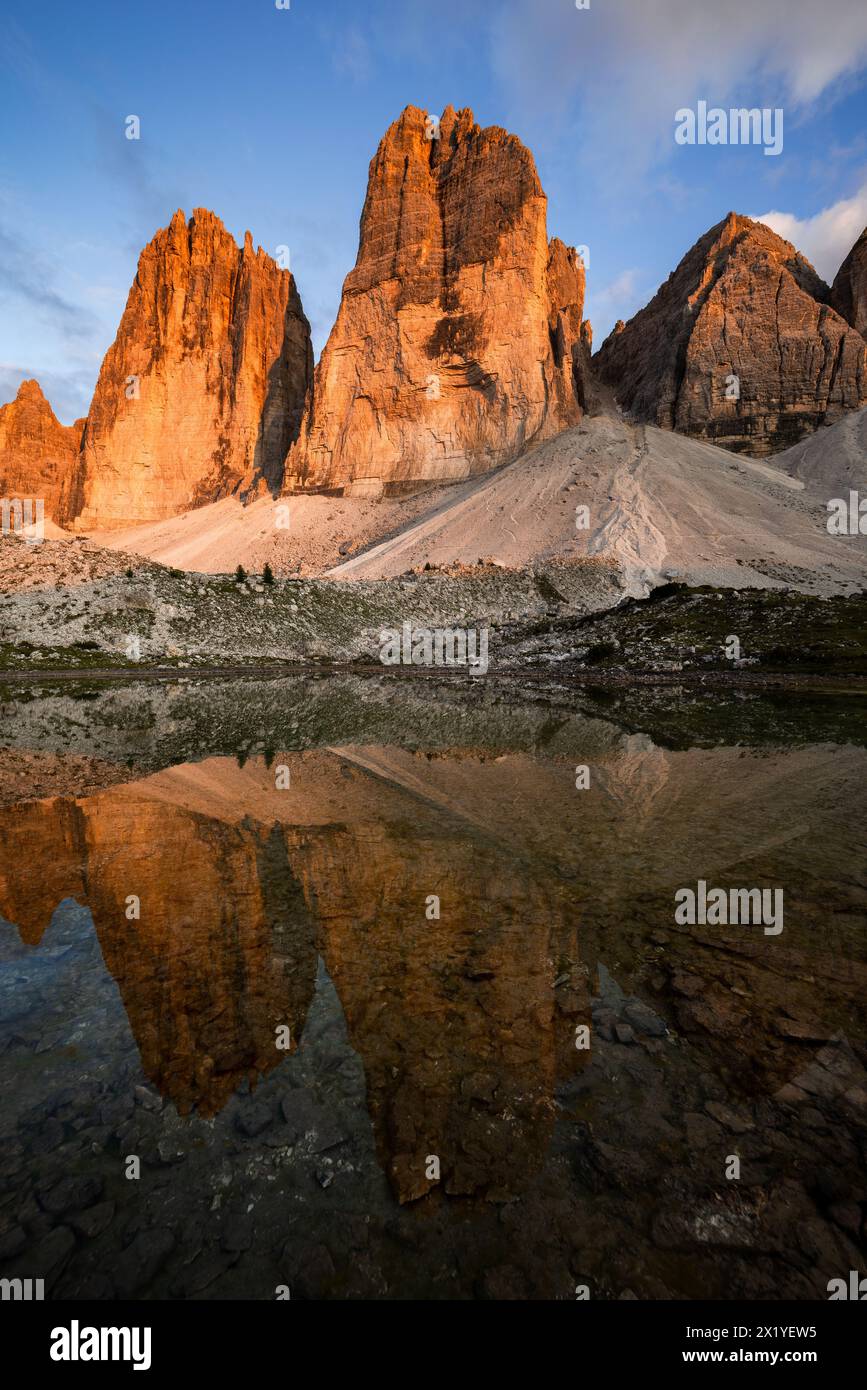 Alpenglow on the Three Peaks, Dolomites, South Tyrol, Italy Stock Photo ...