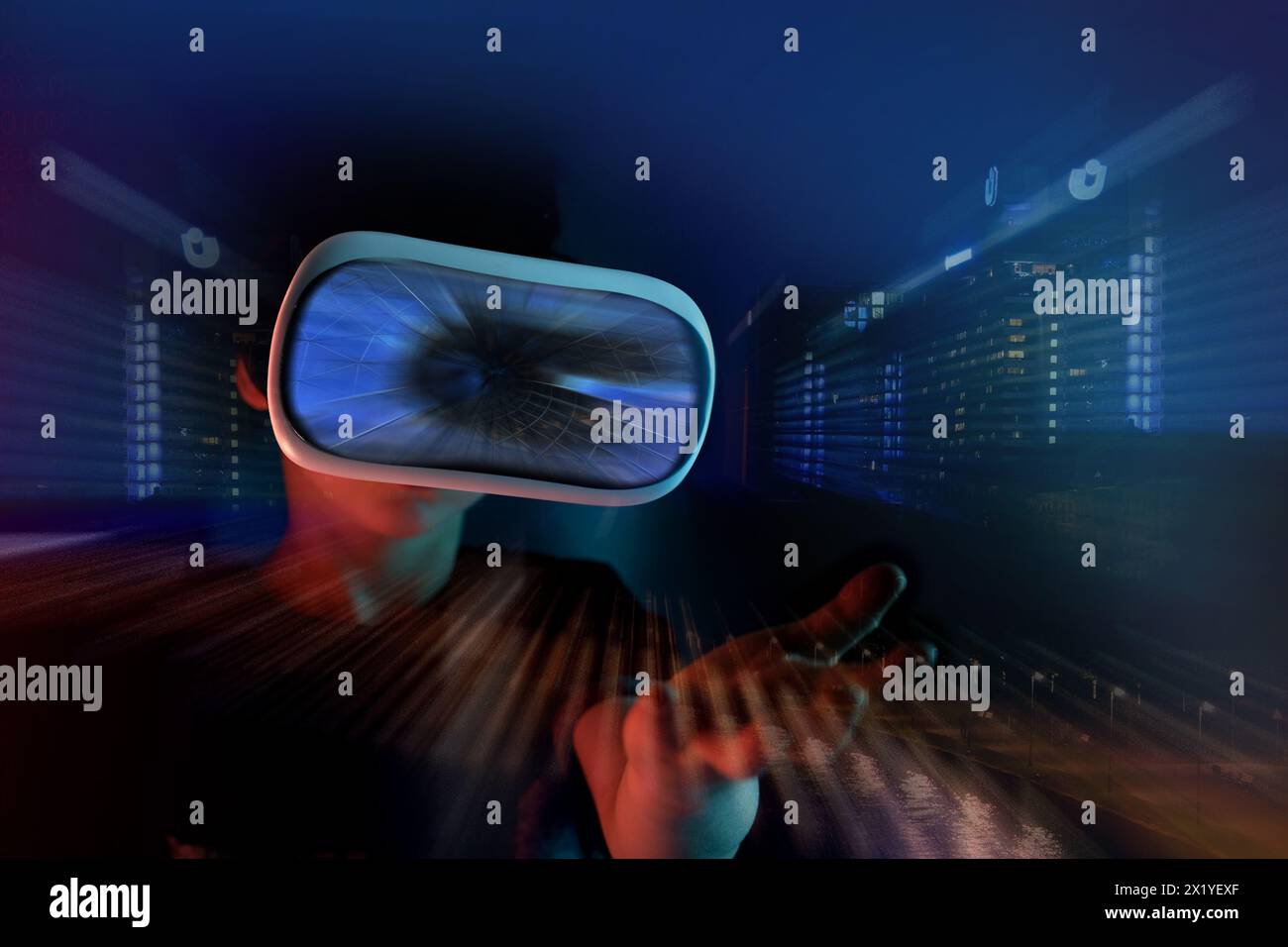 boy, child in dark room with neon lights in modern VR glasses ...