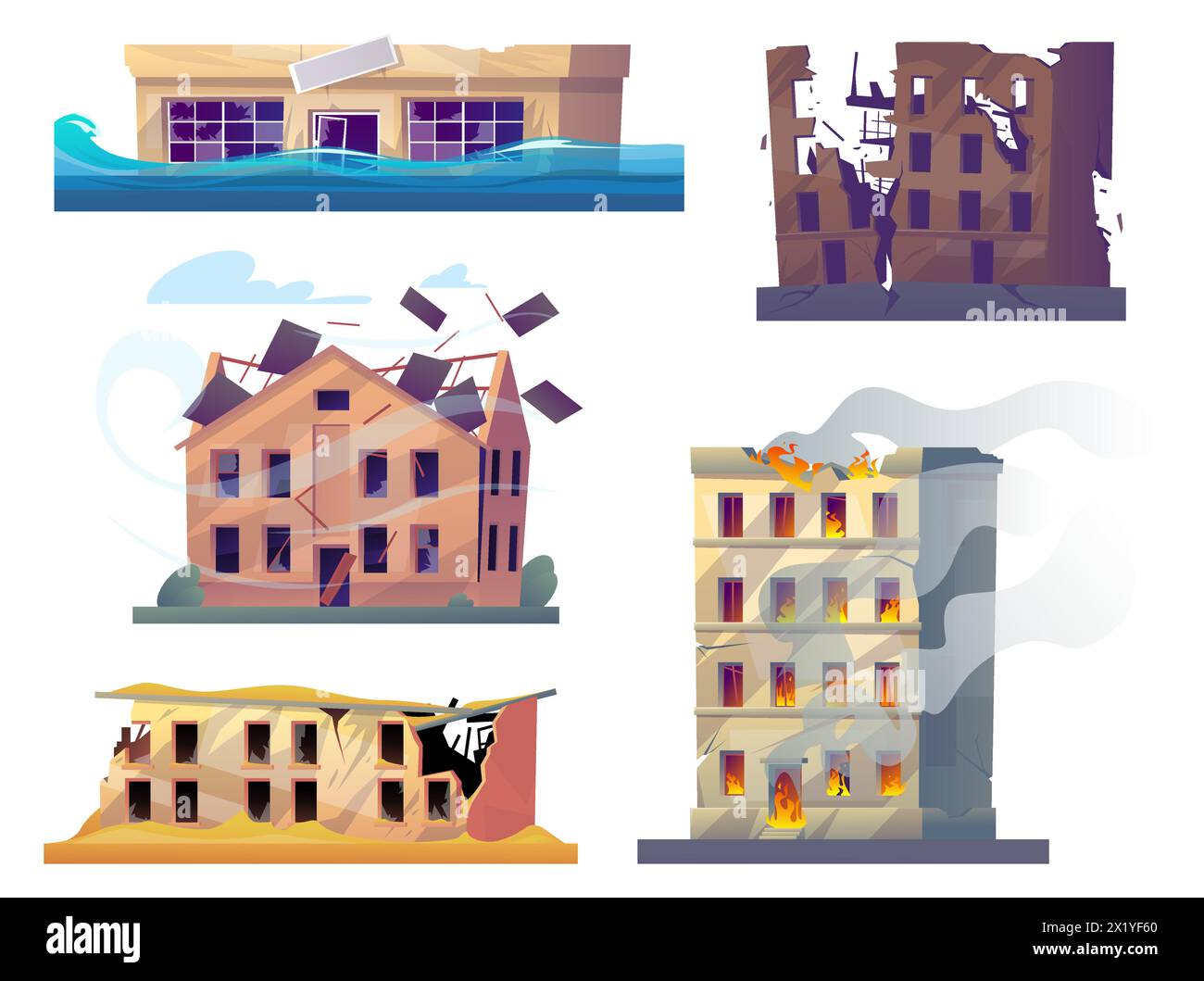Natural disasters destroy city buildings. Urban ruins. Abandoned houses ...