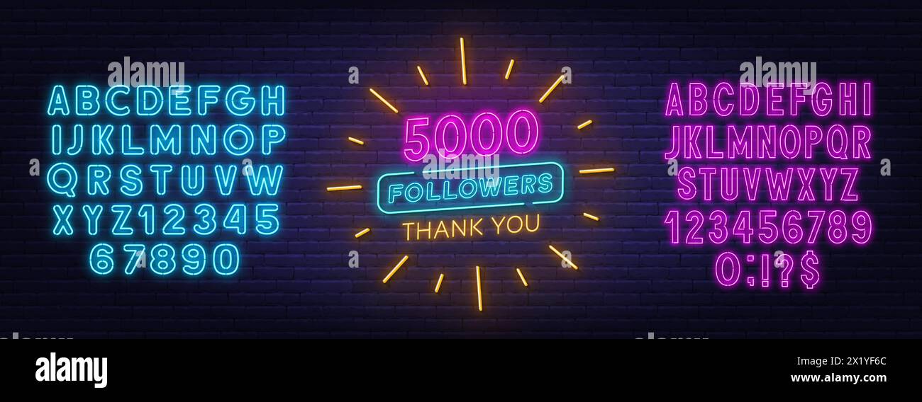 Neon message Thank You 5000 Followers on brick wall background ...