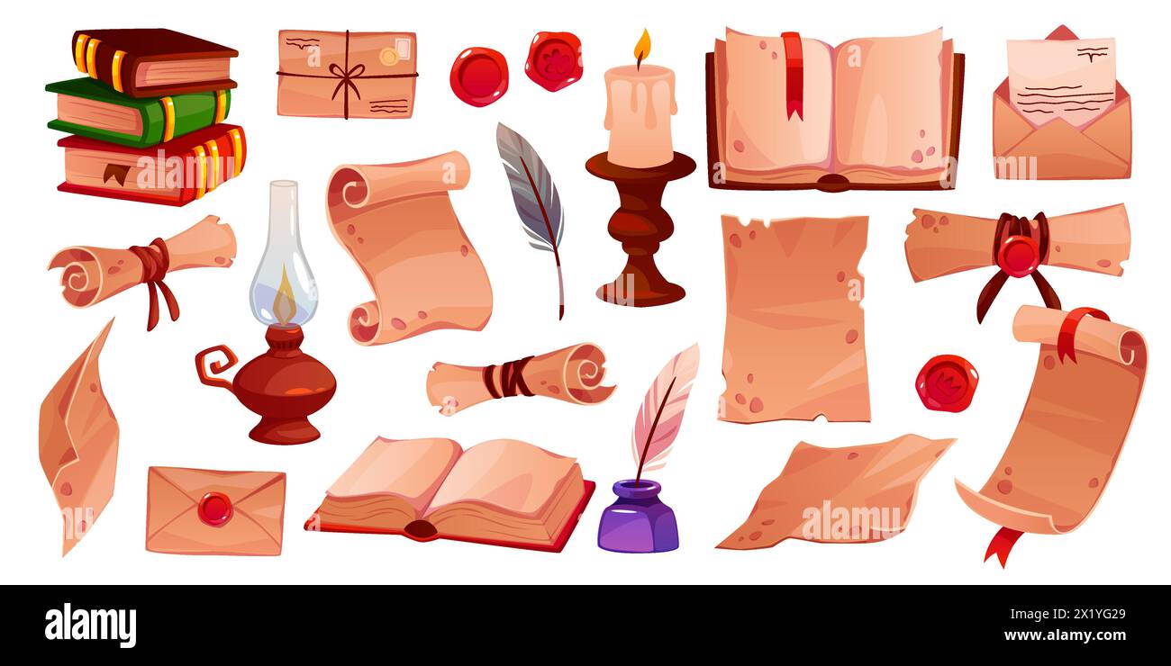 Old papyrus scroll and vintage books. Fantasy parchment, sealing wax ...