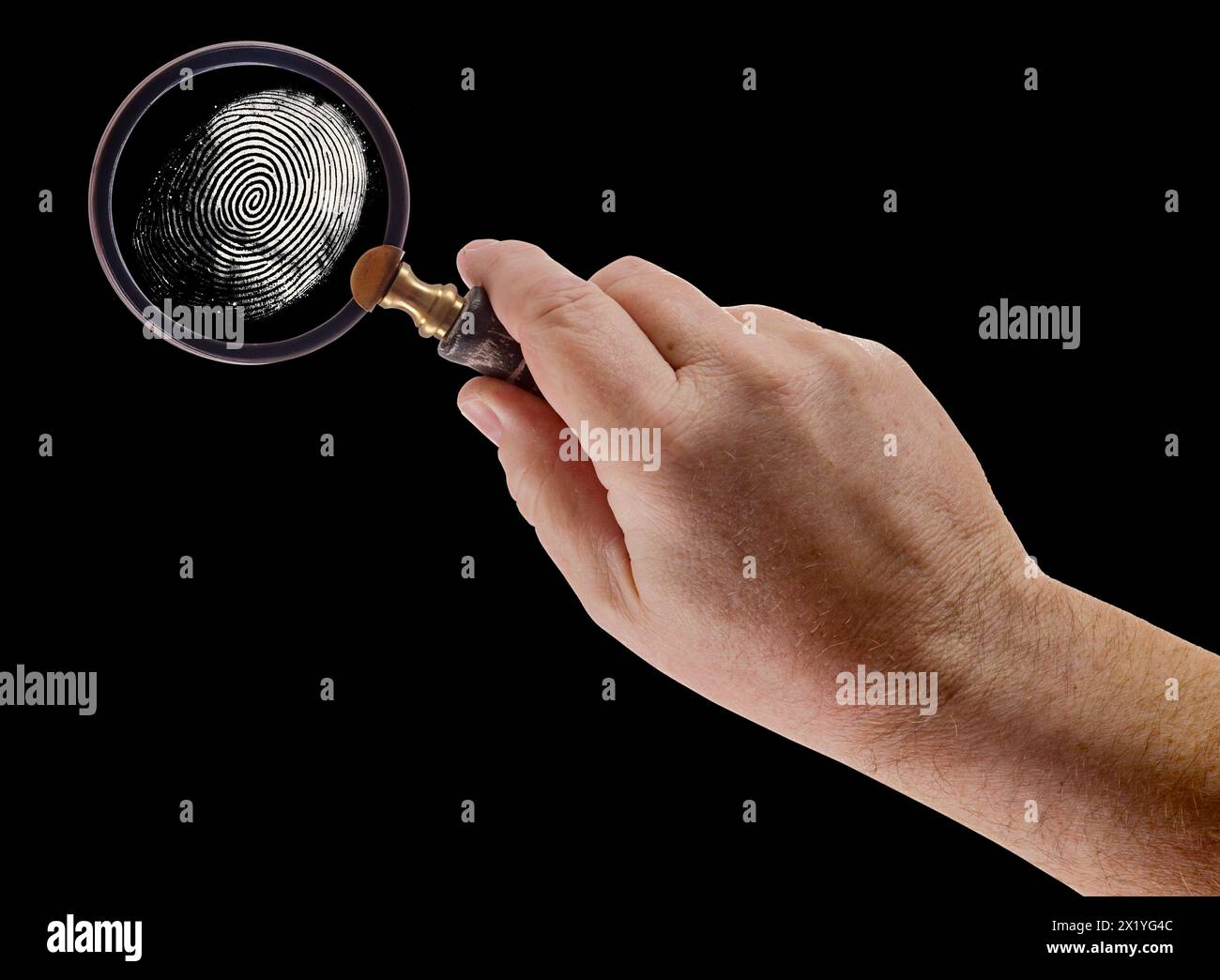 Male Hand Holding Magnifying Glass Viewing A Fingerprint on a Black ...