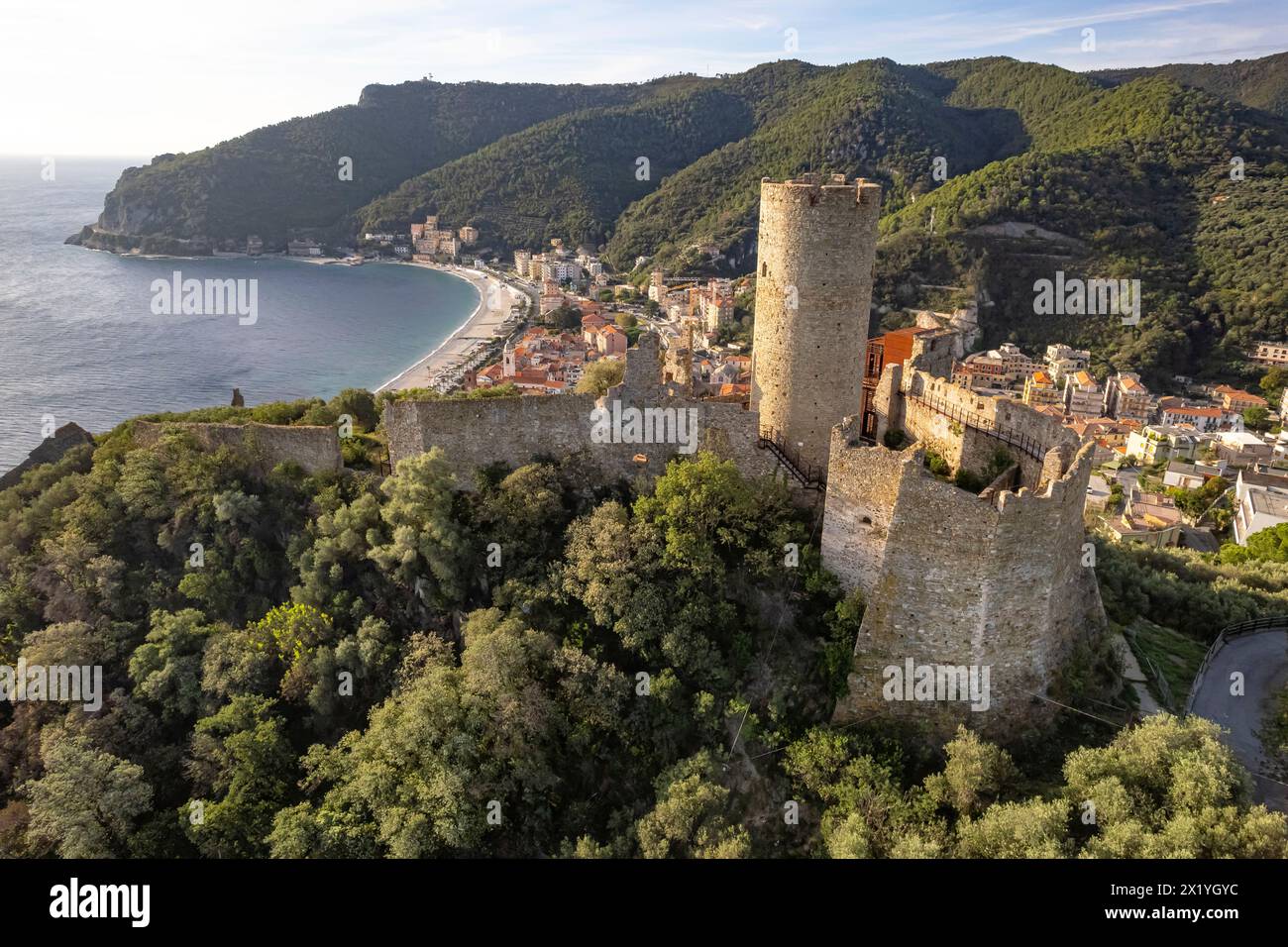 The castle Castello di Monte Ursino, Noli and the coast seen from the ...