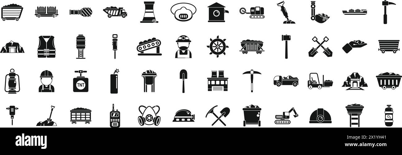 Coal mining icons set simple vector. Mine factory. Rock energy fossil ...