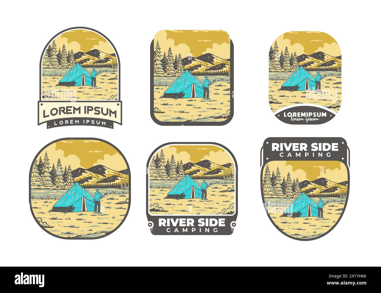 River side camping. Vintage outdoor illustration badge design Stock ...
