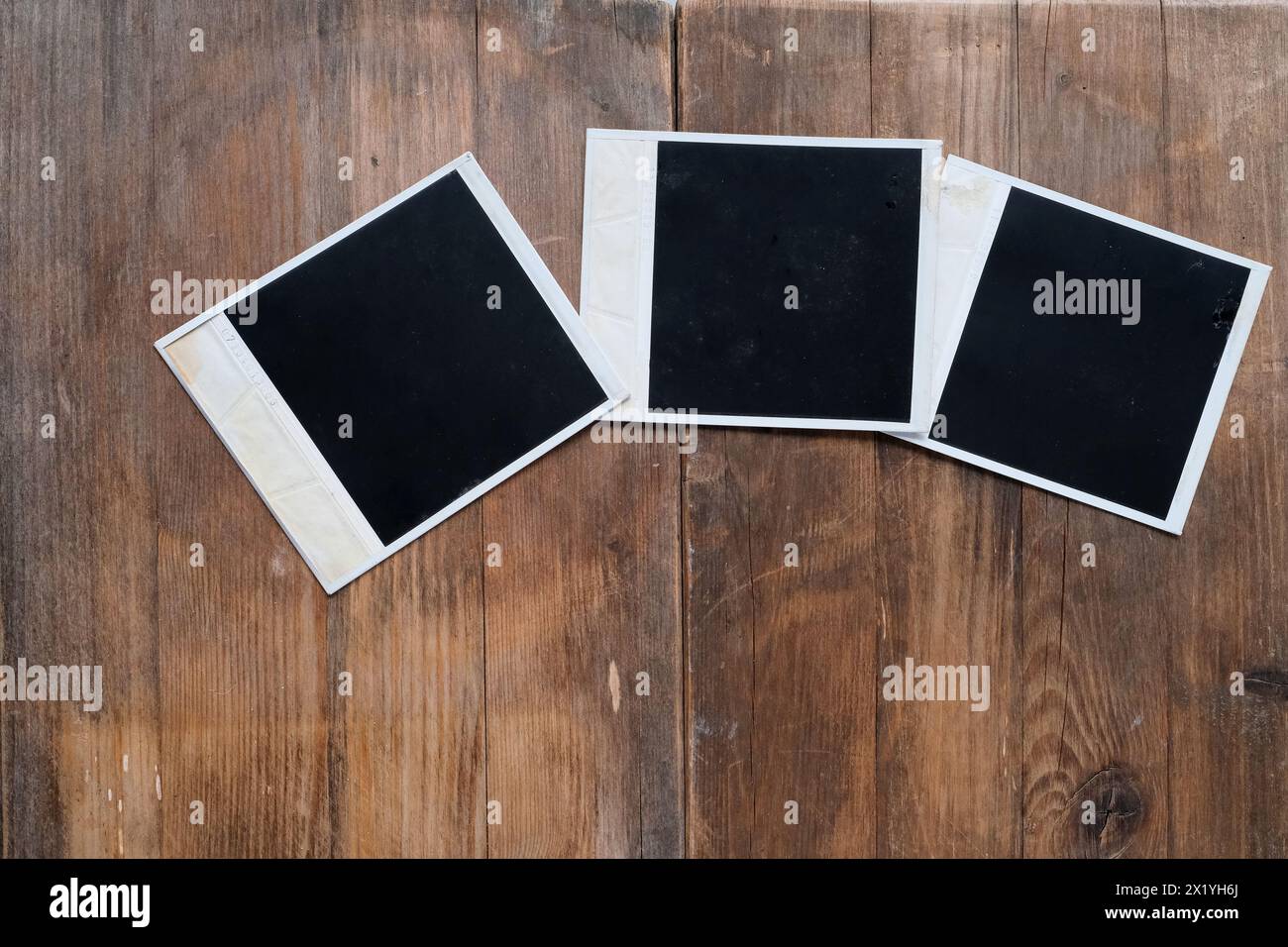 empty mock up background of old wood, set of vintage photos with blank ...