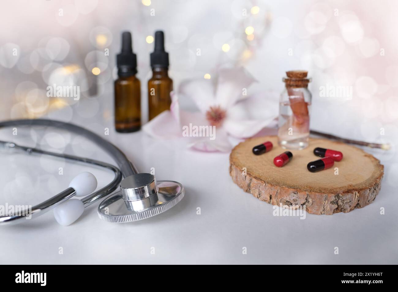 capsules, medical stethoscope, creating a new medicine from plants ...