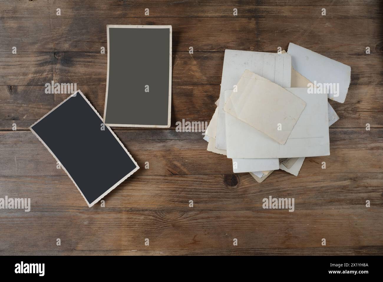 empty mock up background of old wood, set of vintage photos with blank ...