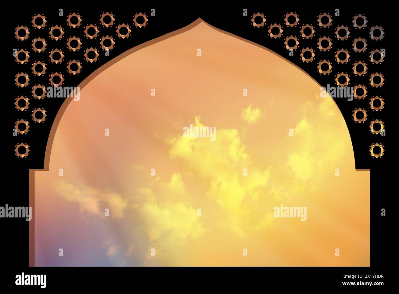 black silhouette of an openwork architectural arch against sky, concept ...