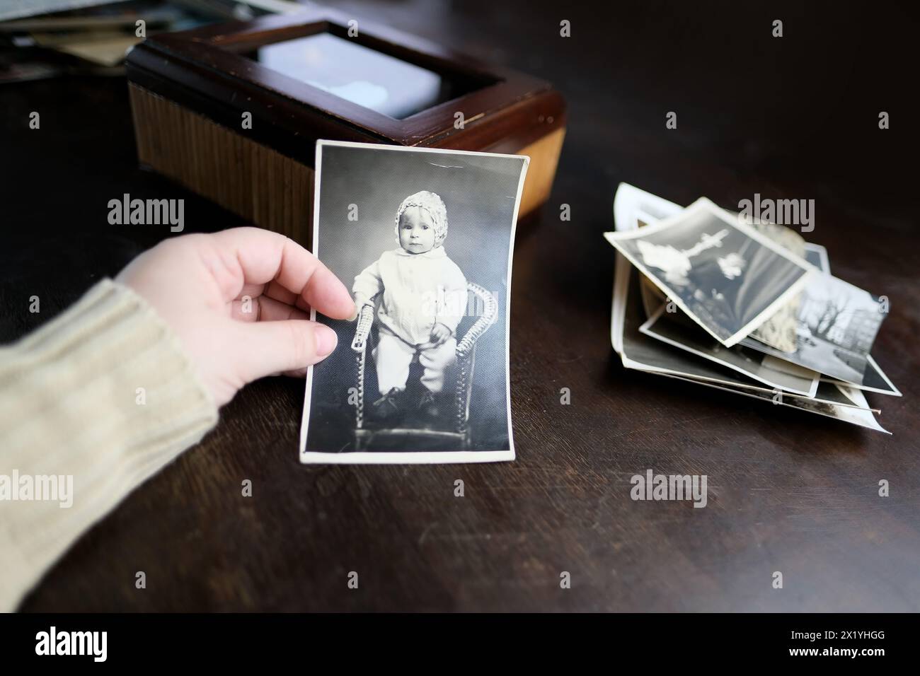 closeup female hand holding old vintage photos of 1960, concept of ...